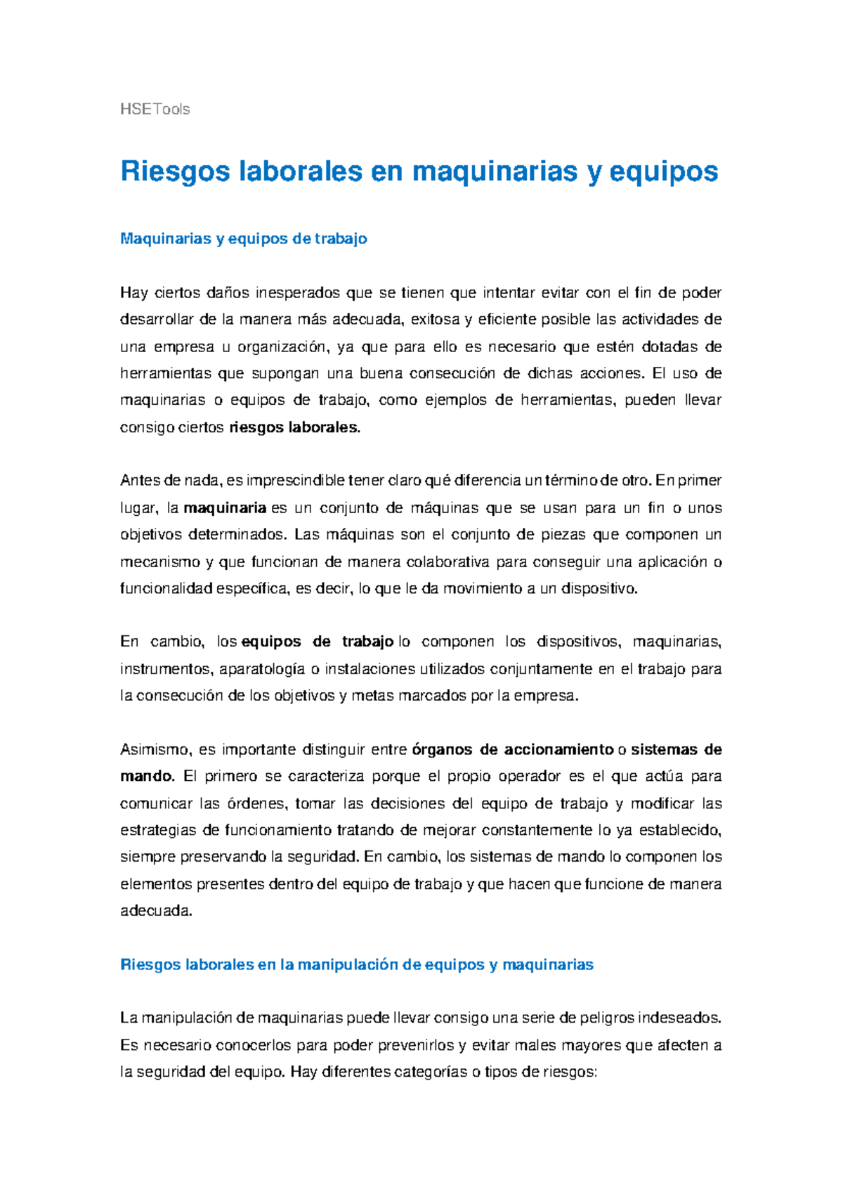 HSETools: Riesgos Laborales en Maquinarias y Equipos - Studocu