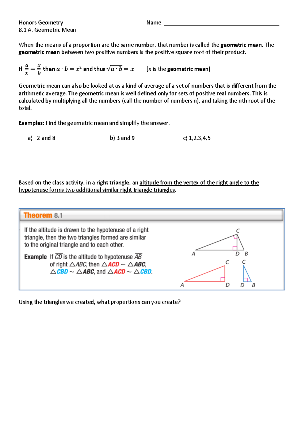 HG Notes 8: Geometric Mean and Pythagorean Theorem Concepts - Studocu