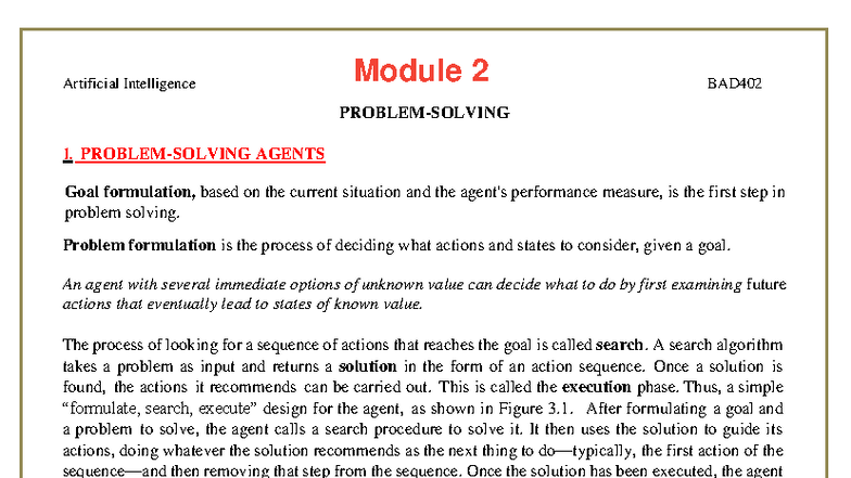 AI Module 2: Agents and Problem Solving in BAD402 - Studocu