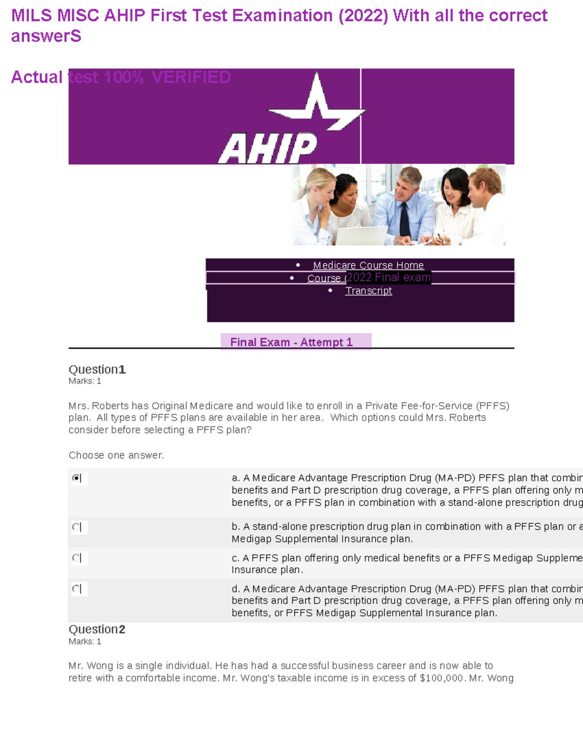 AHIP first test.docx (1) (1) - Medicare Course Home Course (2020 Final ...