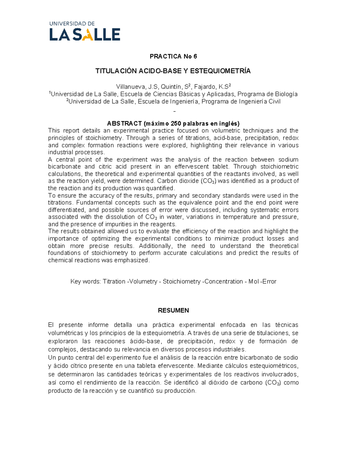Informe 6: Titración Ácido-Base y Estequiometría en Química General ...