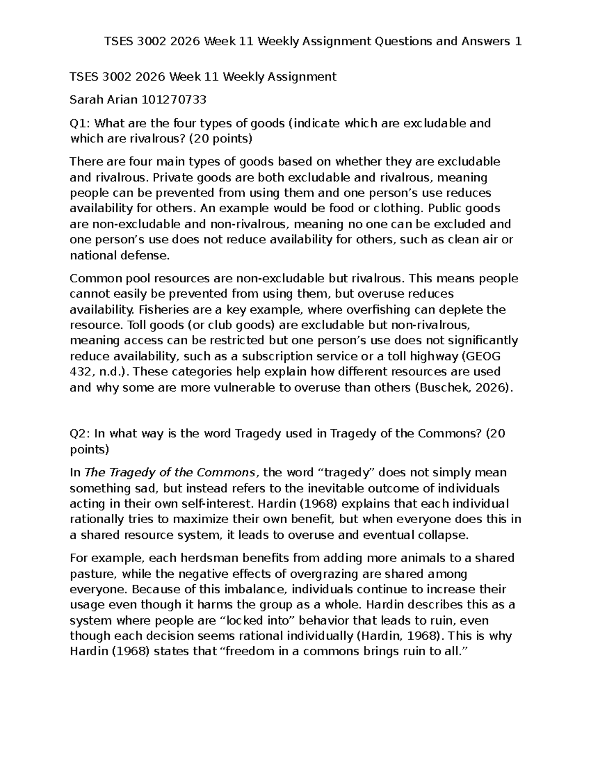 TSES 3002 2026 Week 11 Assignment: Goods, Commons, and Ecosystem ...