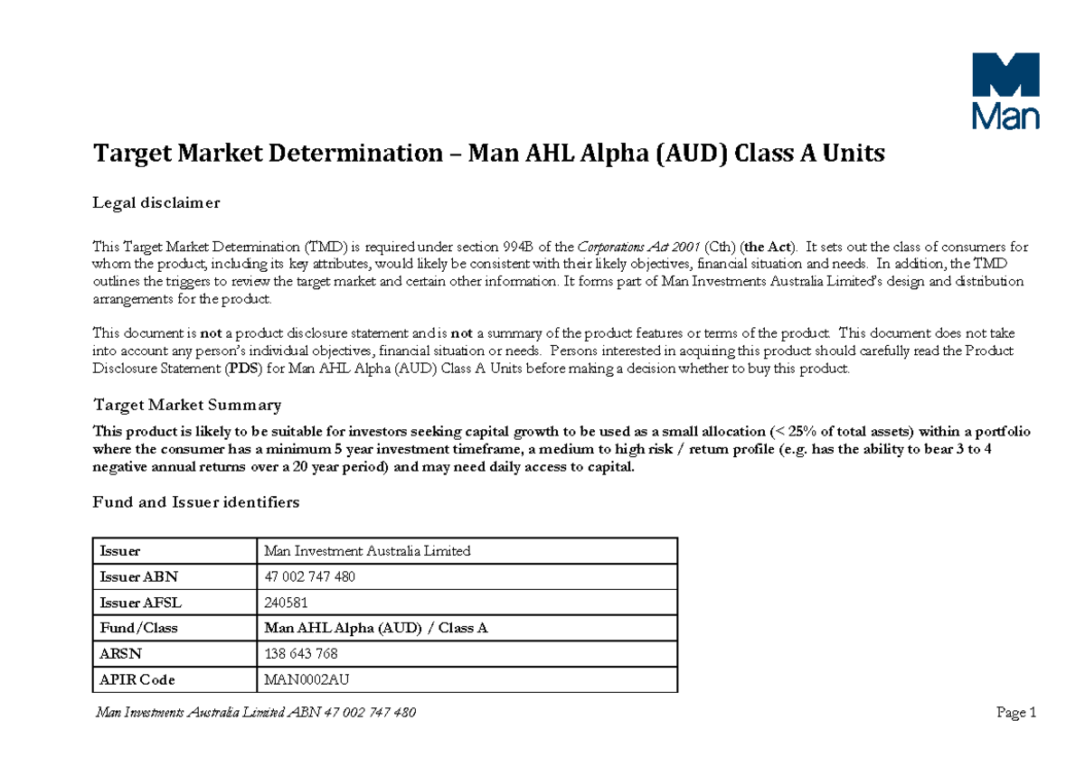 Target Market Determination for Man AHL Alpha (AUD) Class A Units - Studocu