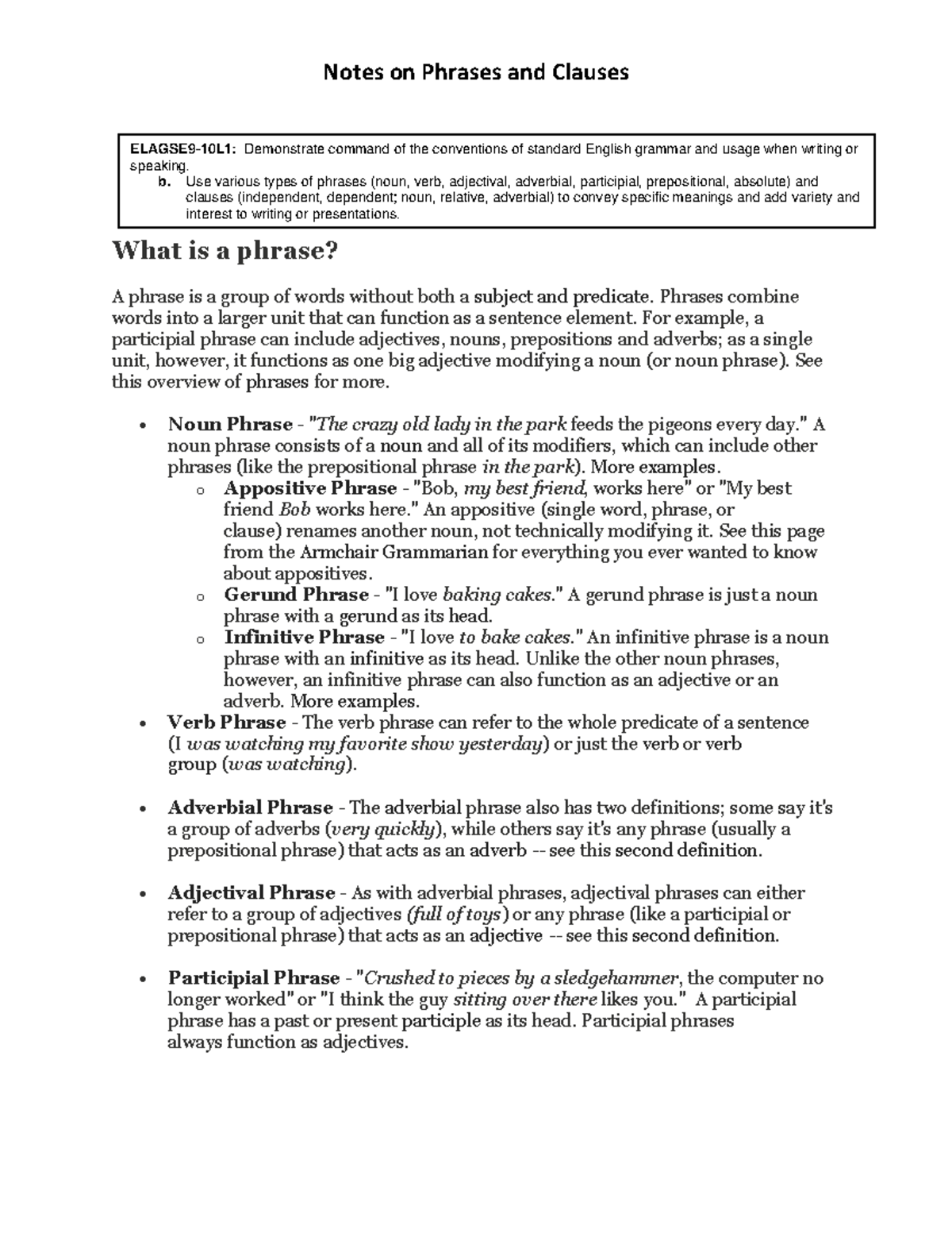 ELAGSE9-10 Grammar Notes: Understanding Phrases and Clauses - Studocu