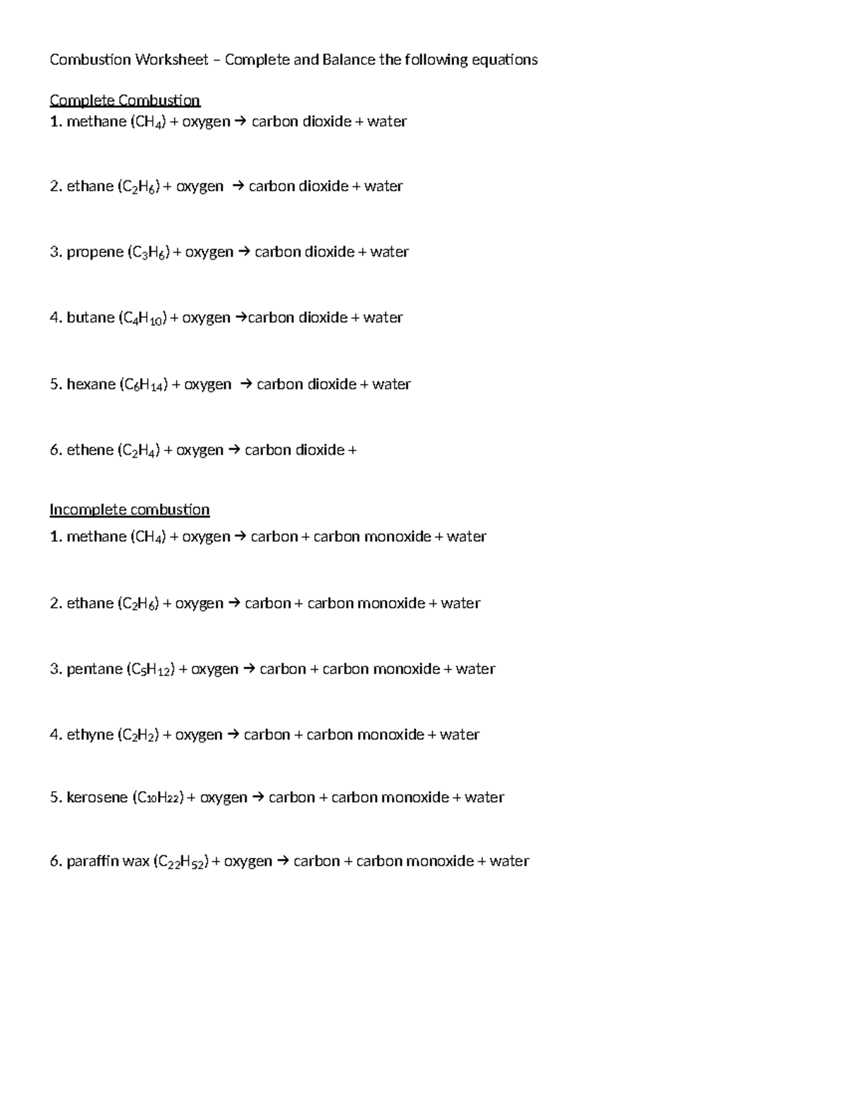 Chemistry 101: Complete & Incomplete Combustion Worksheet - Studocu