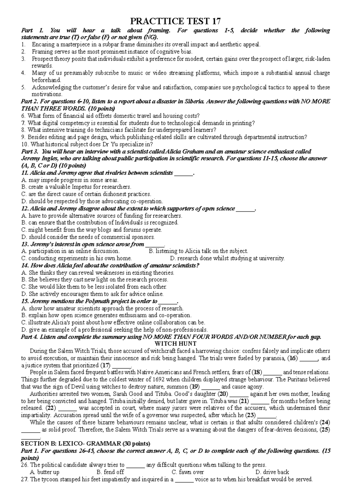 Practice Test 17: Listening Comprehension and Grammar Exercises - Studocu