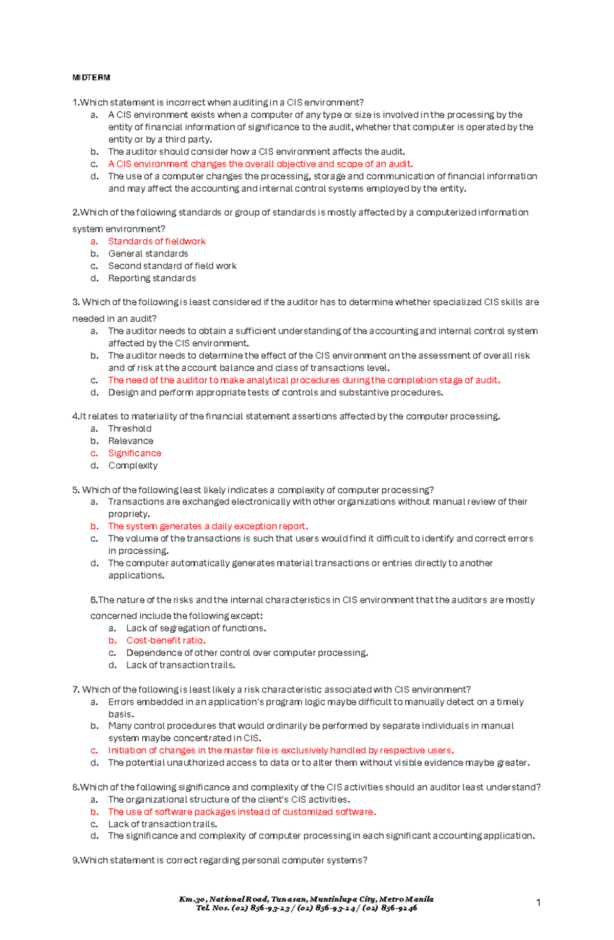 Audit-CIS - Midterm Practice Materials & Answer Key for Students - Studocu