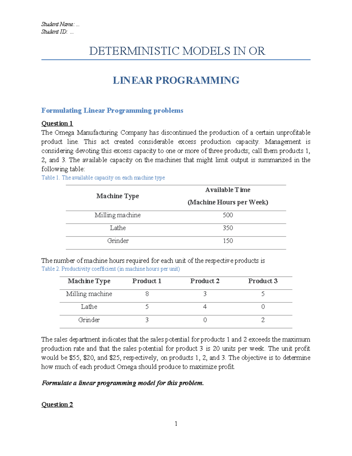 [OR1] HW1: Linear Programming Models and Solutions - Studocu