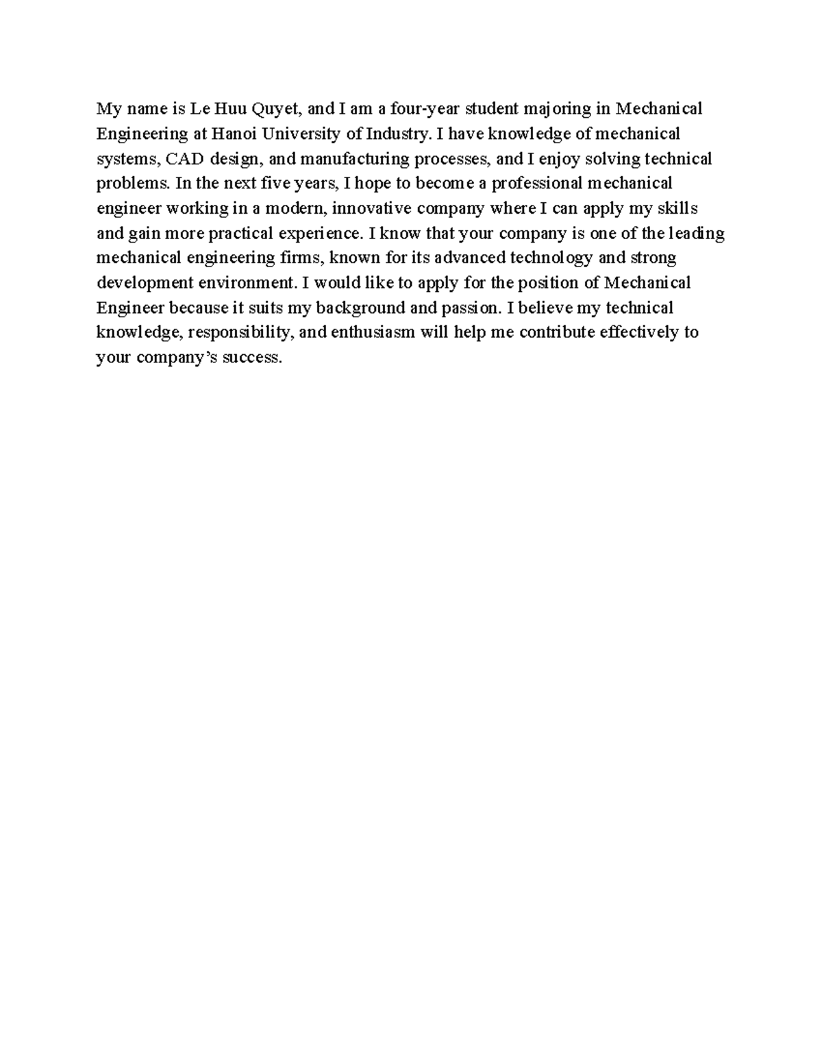 Unit 6 - Personal Statement for Mechanical Engineering Position - Studocu
