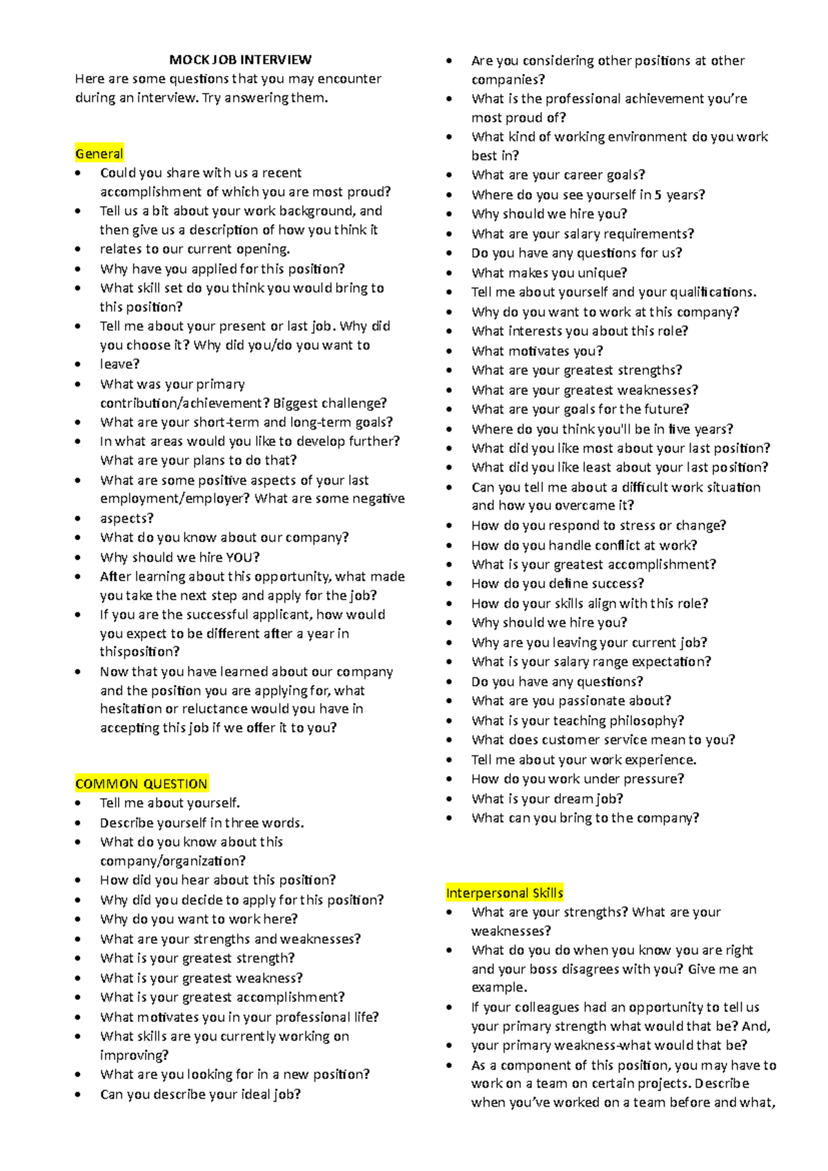 MOCK-JOB- Interview - for work immersion - MOCK JOB INTERVIEW Here are ...