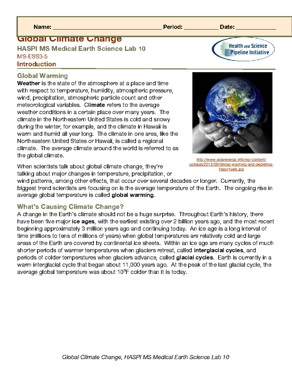HASPI MS Medical Earth Science Lab 10: Global Climate Change Overview ...