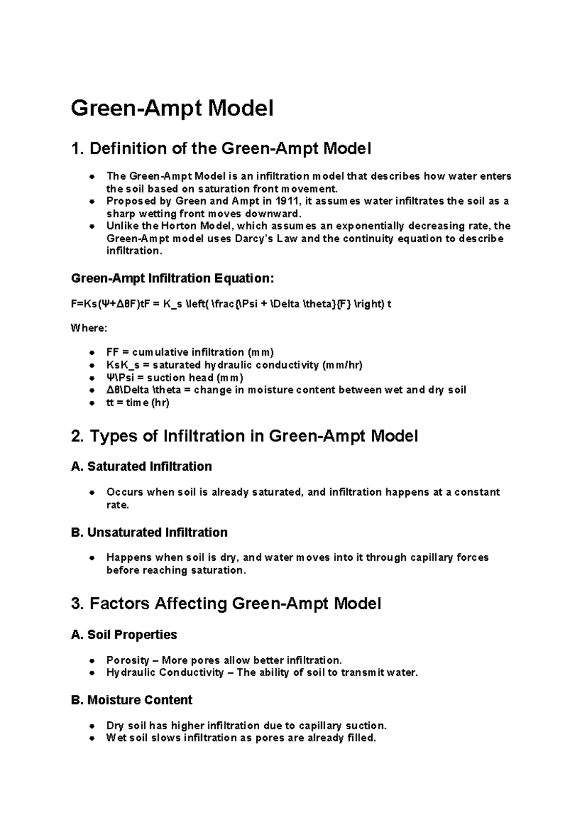 Green-Ampt Model: Infiltration Mechanisms and Key Factors - Studocu
