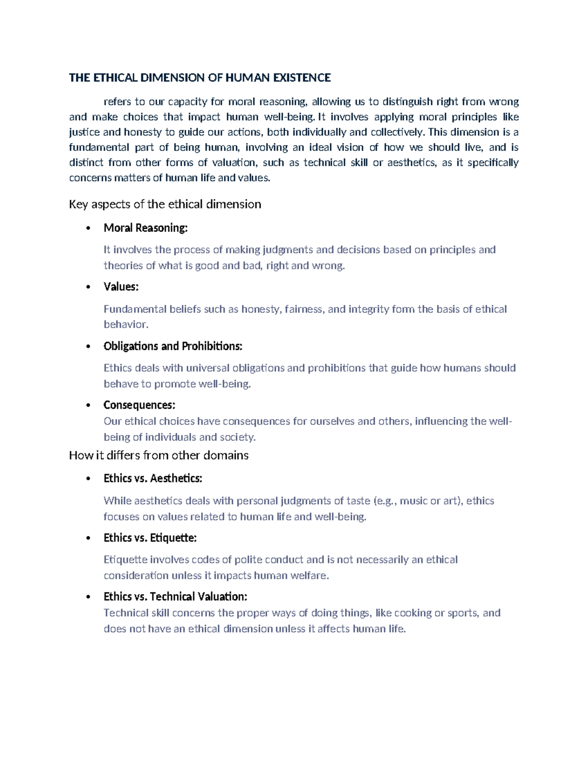 Ethical Dimensions of Human Existence: A Comprehensive Overview - Studocu