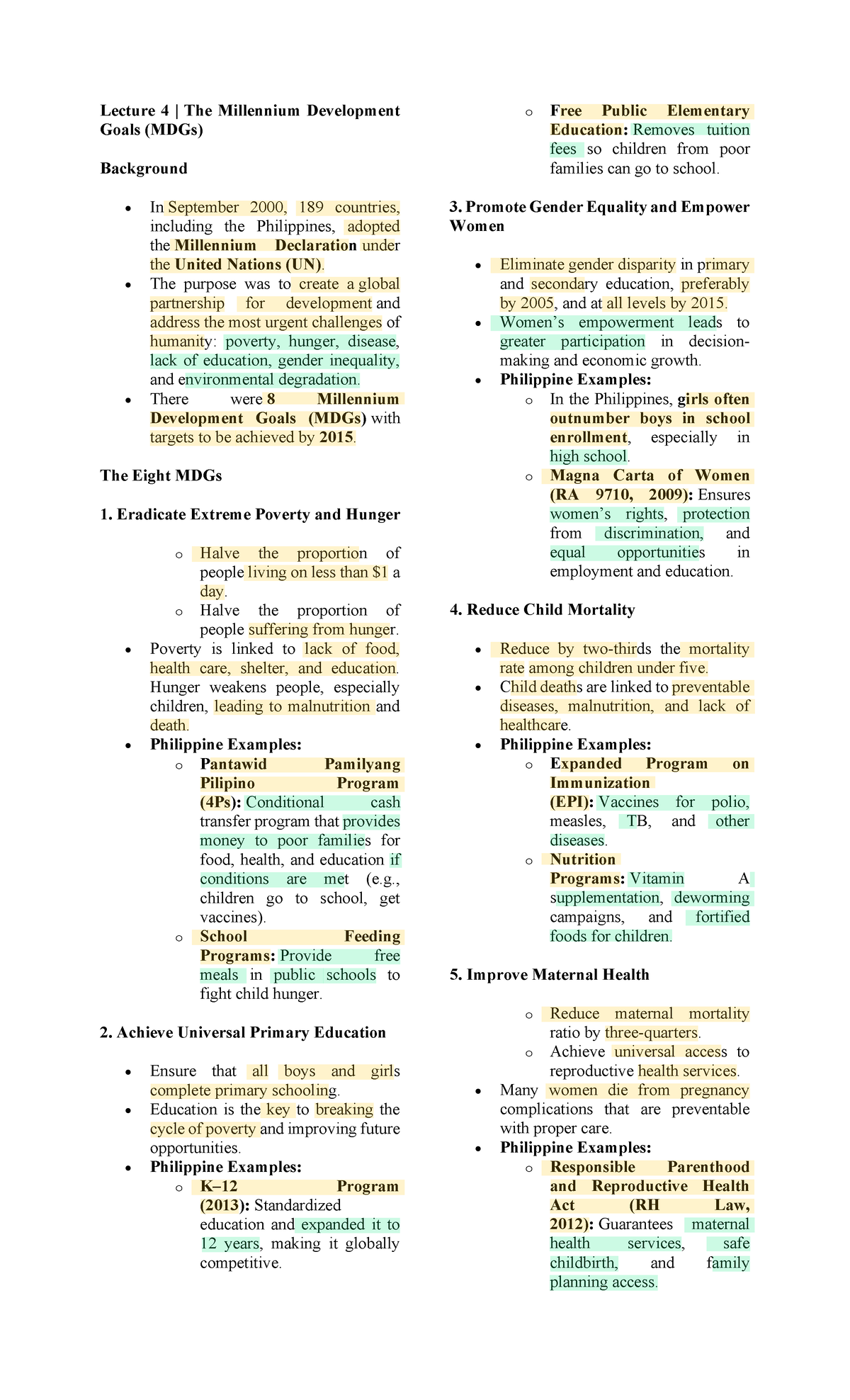 Lecture 4 Reviewer on Millennium Development Goals (MDGs) SS1D - Studocu