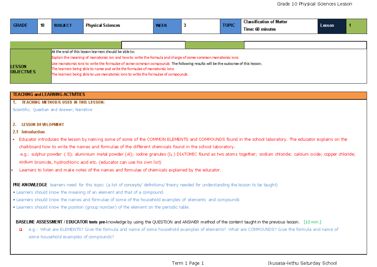 Grade 10 Physical Sciences Lesson Plans: Classification of Matter - Studocu