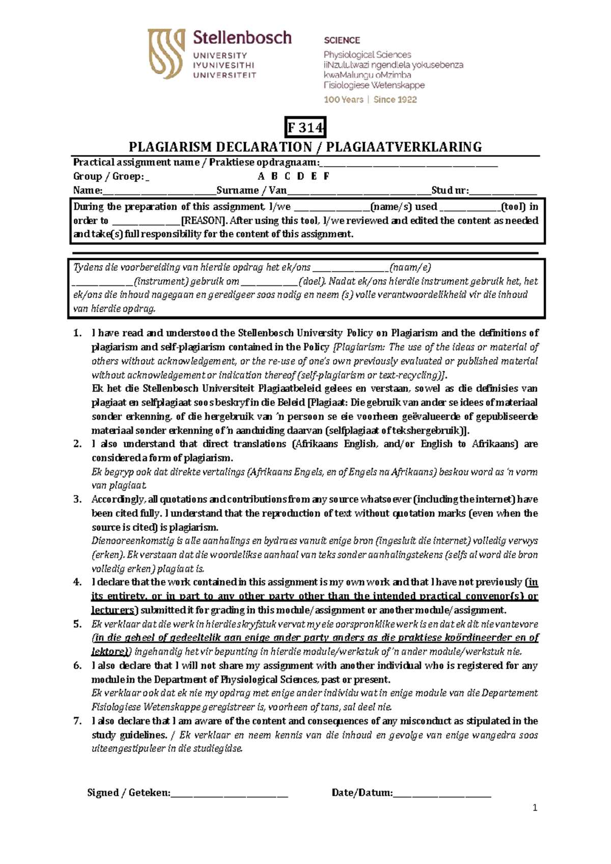 F 314 Plagiarism Declaration Form 2026 for Practical Assignment - Studocu