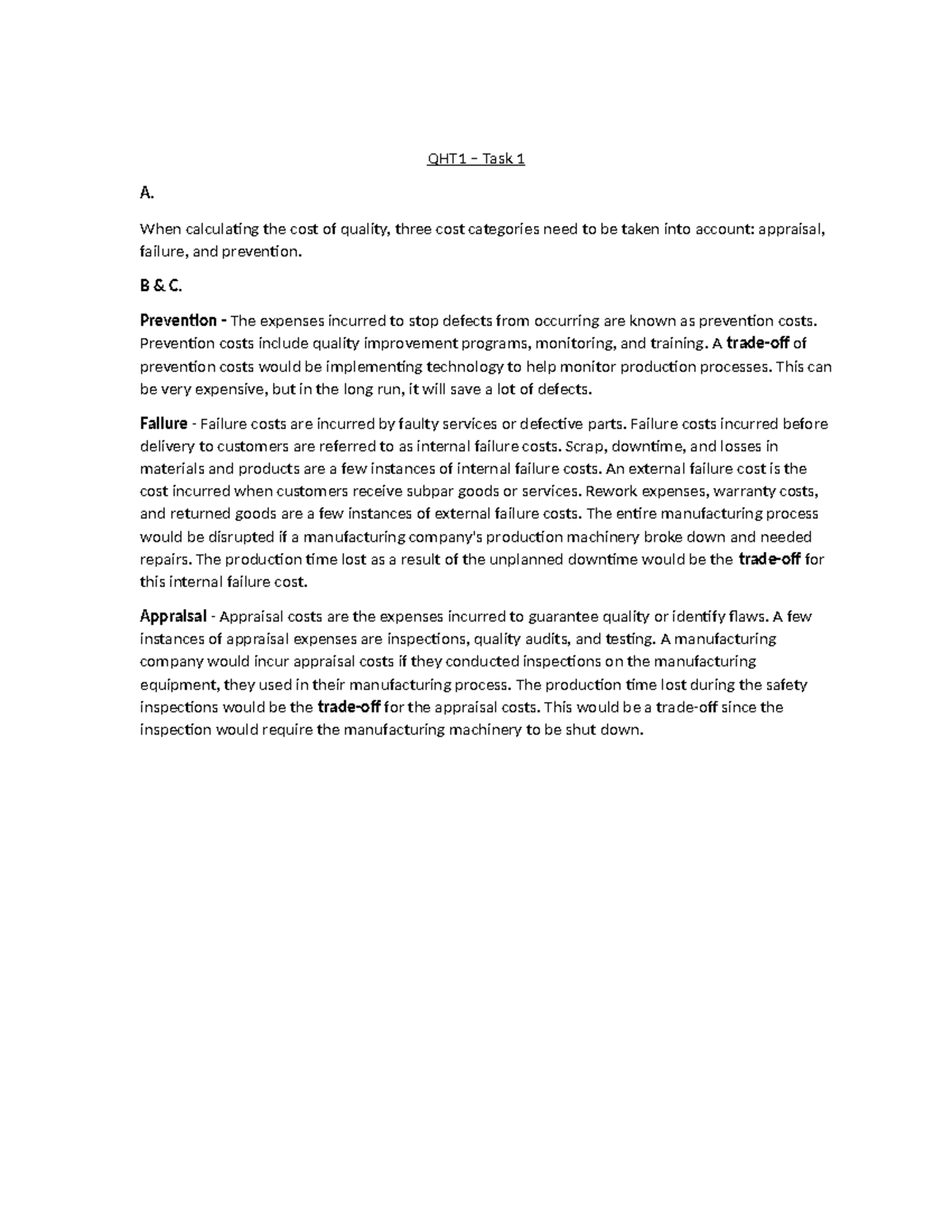 QHT1 - Task 1: Understanding Cost of Quality Categories - Studocu