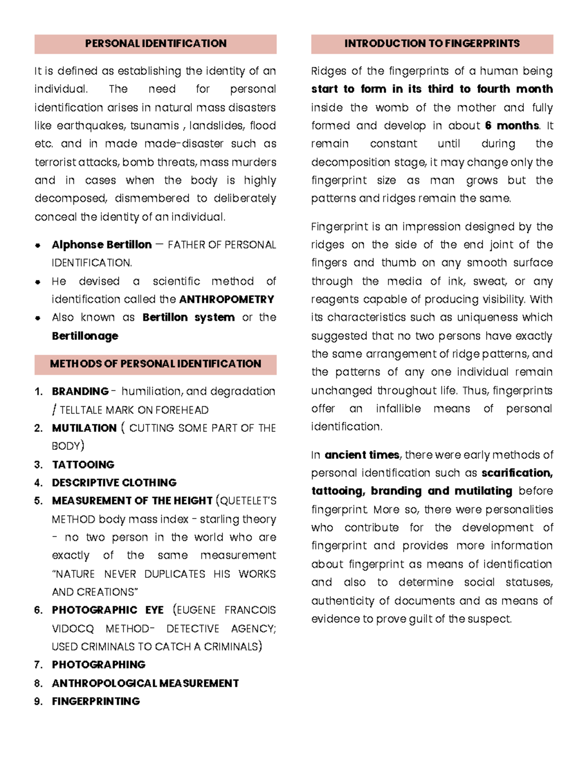 Forensic 102 Lecture Notes: Personal Identification and Fingerprints ...