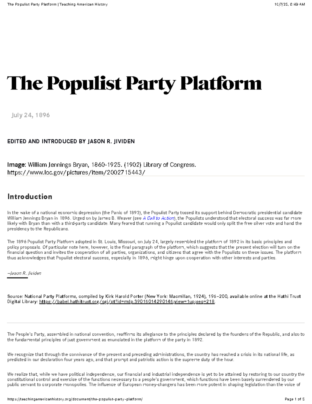 The Populist Party Platform: Principles & Proposals (Teaching Am Hist ...