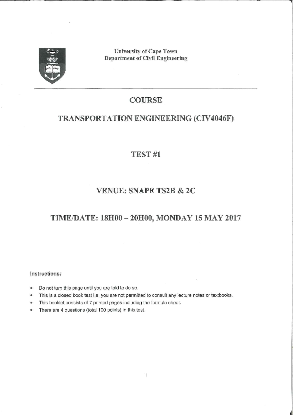 CIV4046F Transportation Engineering Test 1 Solutions - May 2017 - Studocu