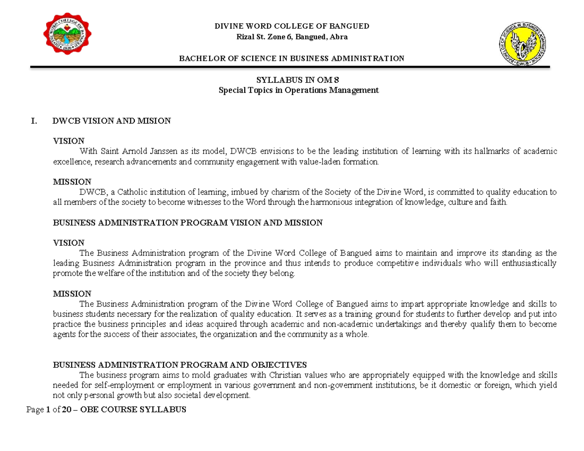 OM 8 - Special Topics in Operations Management Syllabus - Studocu