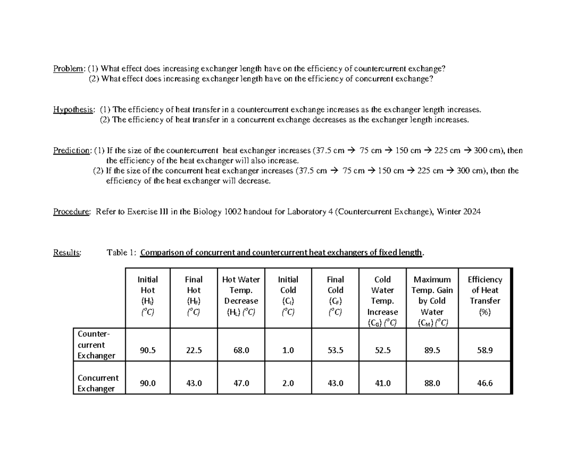 Bio 1002 Countercurrent vs Concurrent Heat Exchanger Efficiency ...