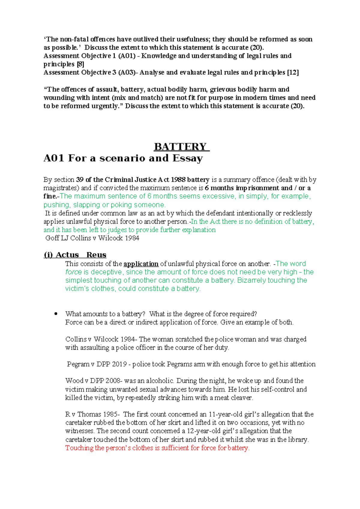 Reforming Assault and Battery Laws: A Critical Analysis (LAW 101) - Studocu