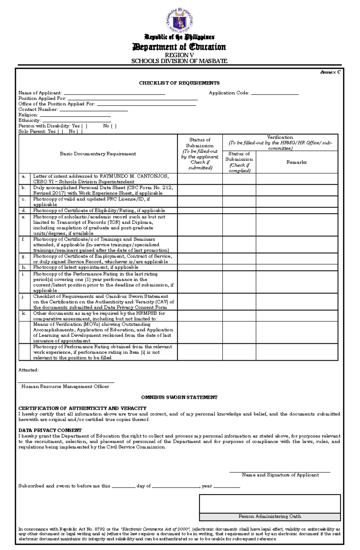 Annex C - Checklist of Requirements for Applicants (Blank) - Studocu