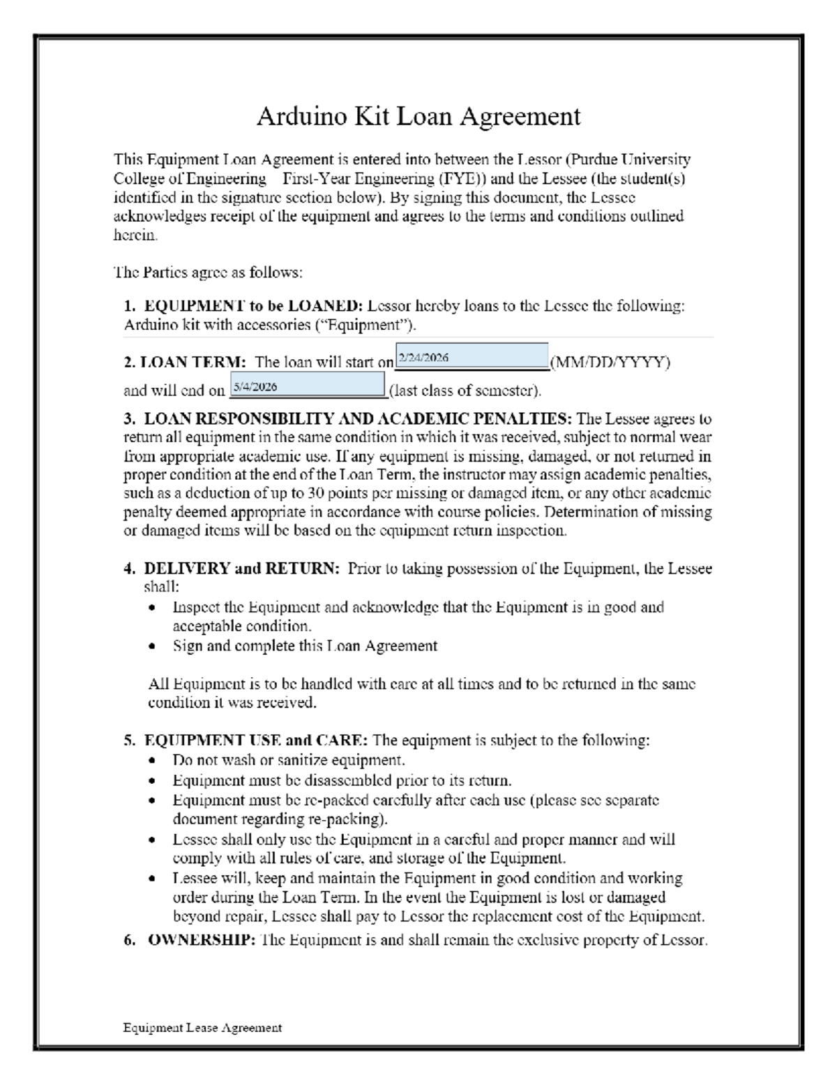 Arduino Kit Loan Agreement - Spring 2026 ENGR 13200-012 - Studocu