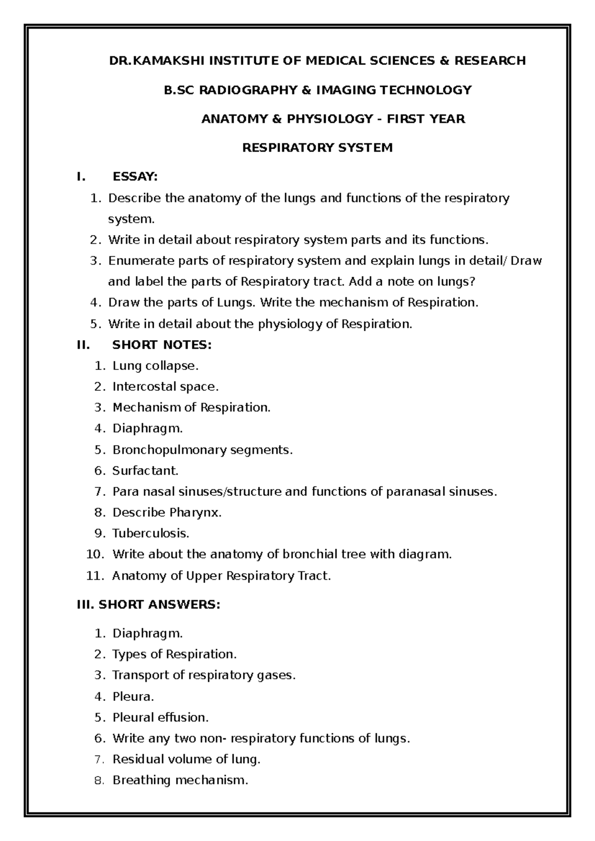 RIT B.Sc Radiography Anatomy & Physiology: Respiratory System Q&A - Studocu