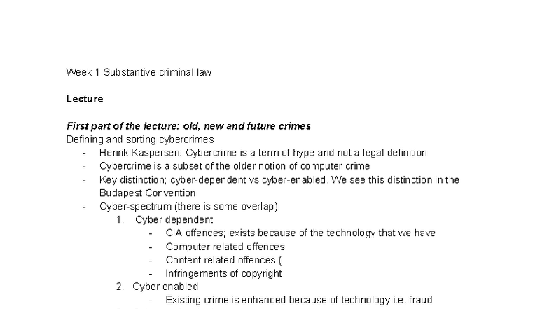 Blok 2 Cybercrime - Week 1 to 4 Lecture Summary and Insights - Studeersnel