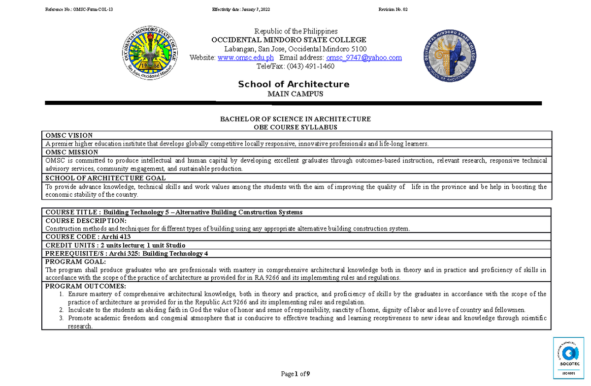 OMSC Syllabus Alternative Building Construction Systems - Republic of ...