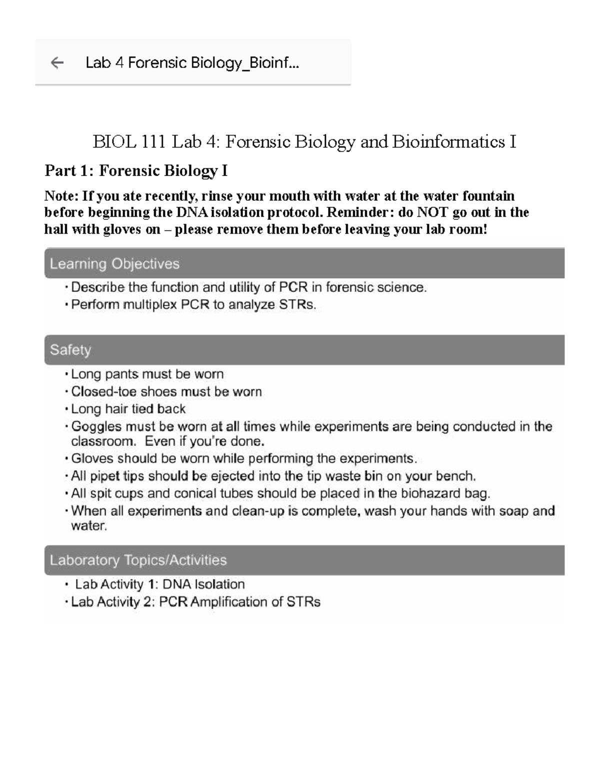 Lab 4: Forensic Biology & Bioinformatics I - Procedure V5 - Studocu
