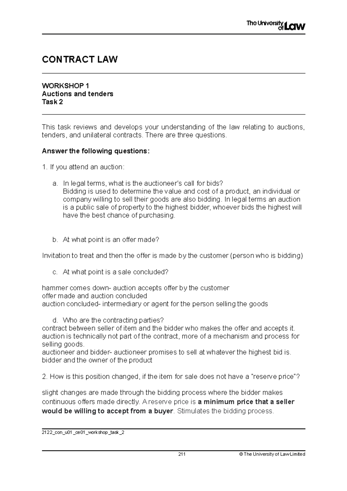 Contract task 2 - adfa - CONTRACT LAW WORKSHOP 1 Auctions and tenders ...