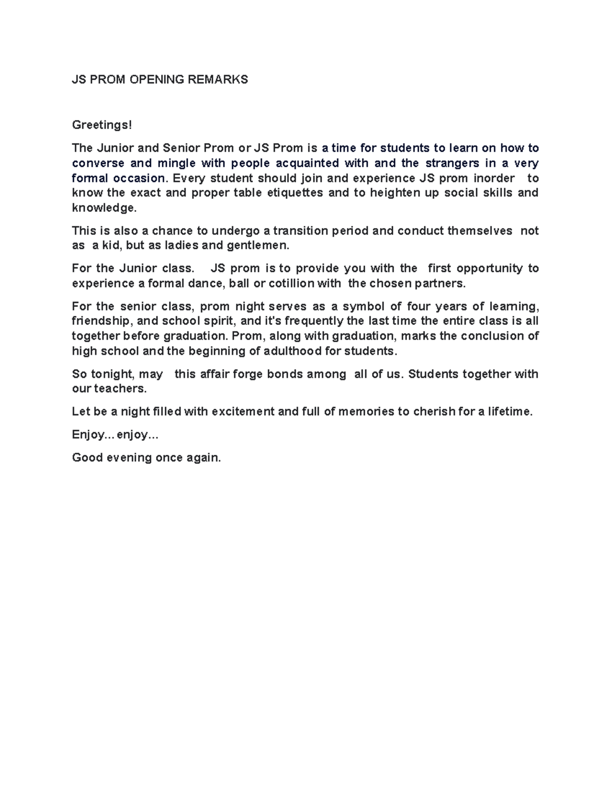 JS Prom 2023: Opening Remarks and Social Etiquette Insights - Studocu