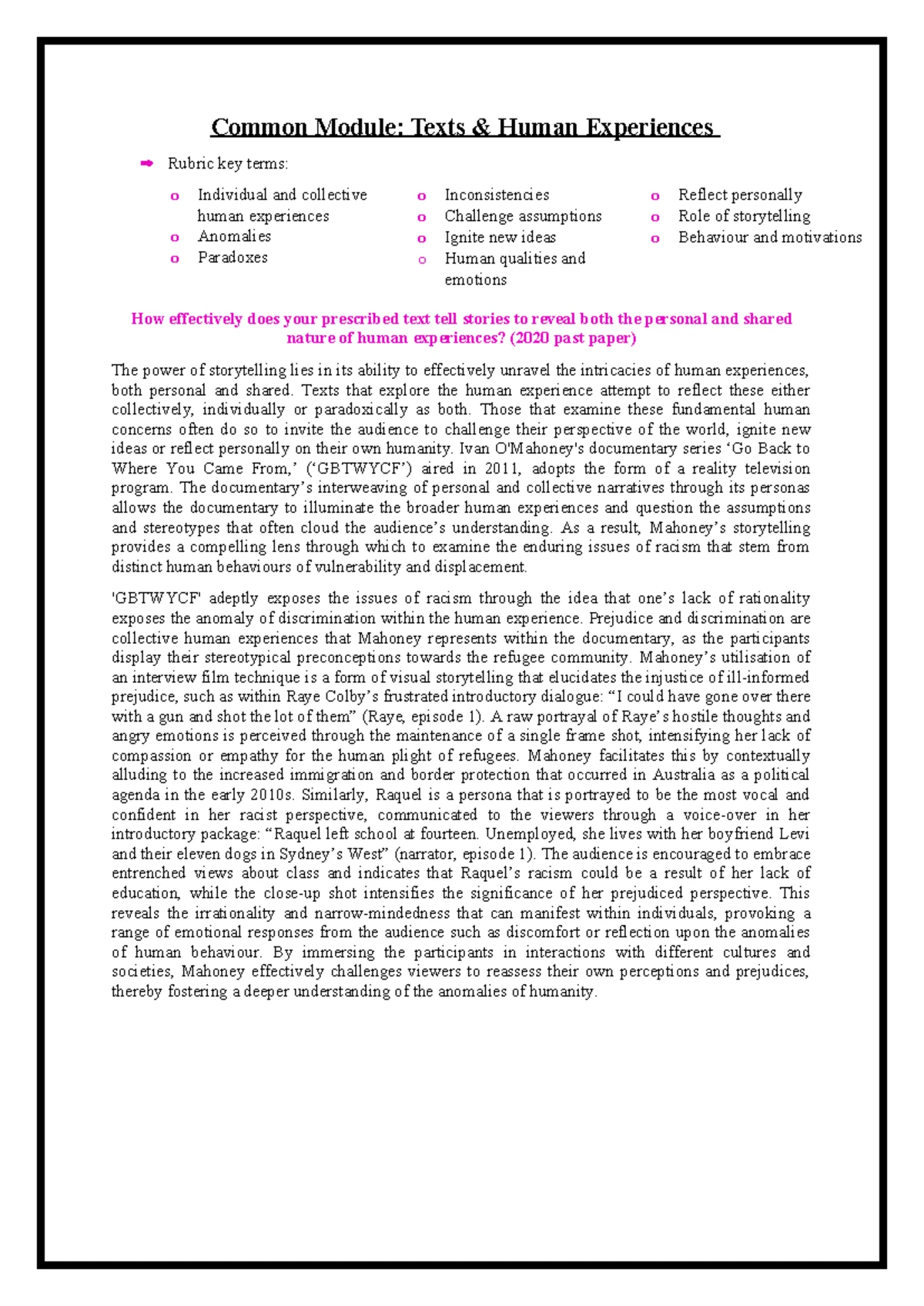 English Revision HSC: Long-Responses on Texts & Human Experiences - Studocu