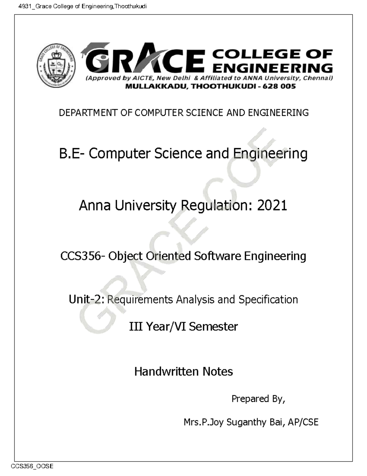 CCS356_OOSE Handwritten Notes on Requirements Analysis - Unit 2 - Studocu