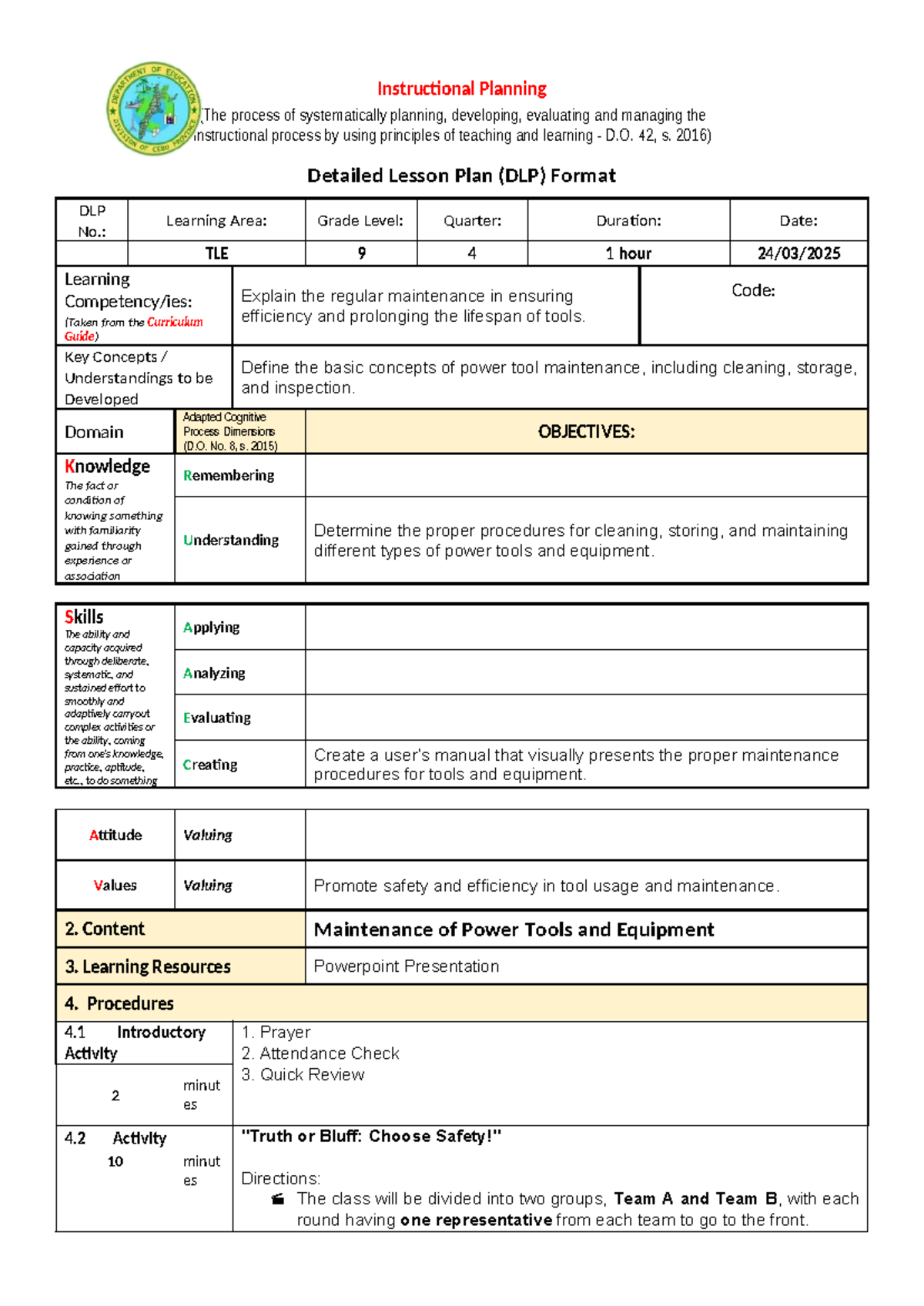 TLE 9: Detailed Lesson Plan on Power Tool Maintenance - Studocu