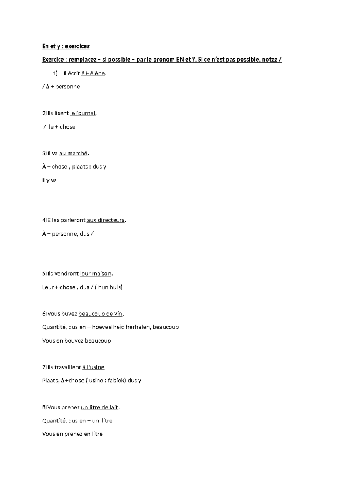 Exercices sur les pronoms EN et Y - Français 101 - Studocu