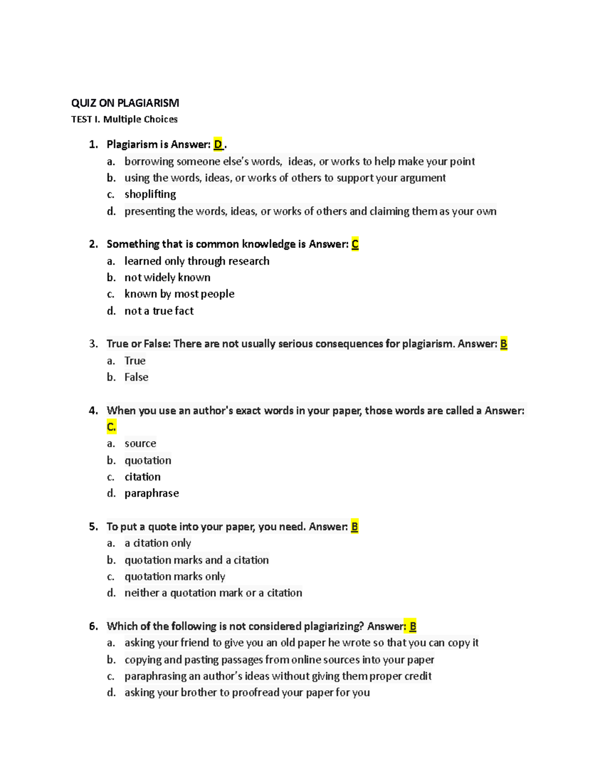 EAPP- Quiz on Plagiarism - 11 ABM Notes and Answers - Studocu