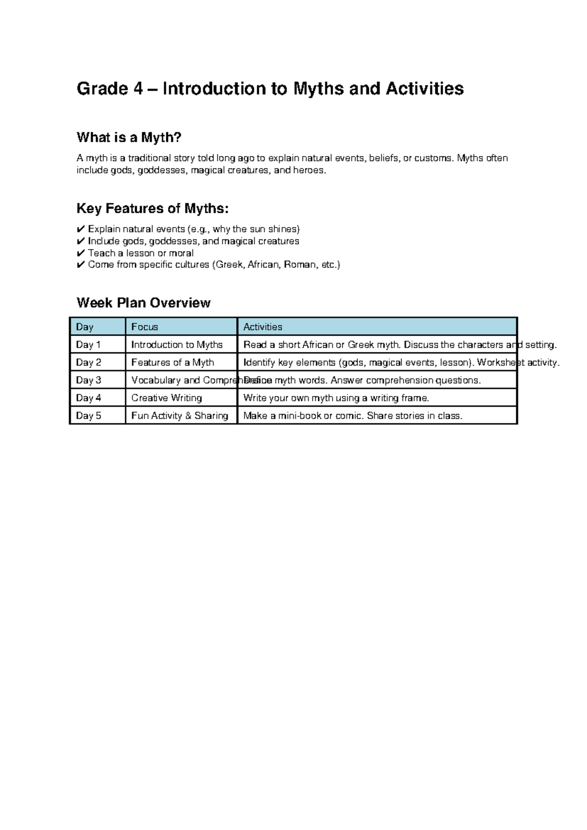 Grade 4 Myths: Activities & Lesson Plans for Understanding Myths - Studocu