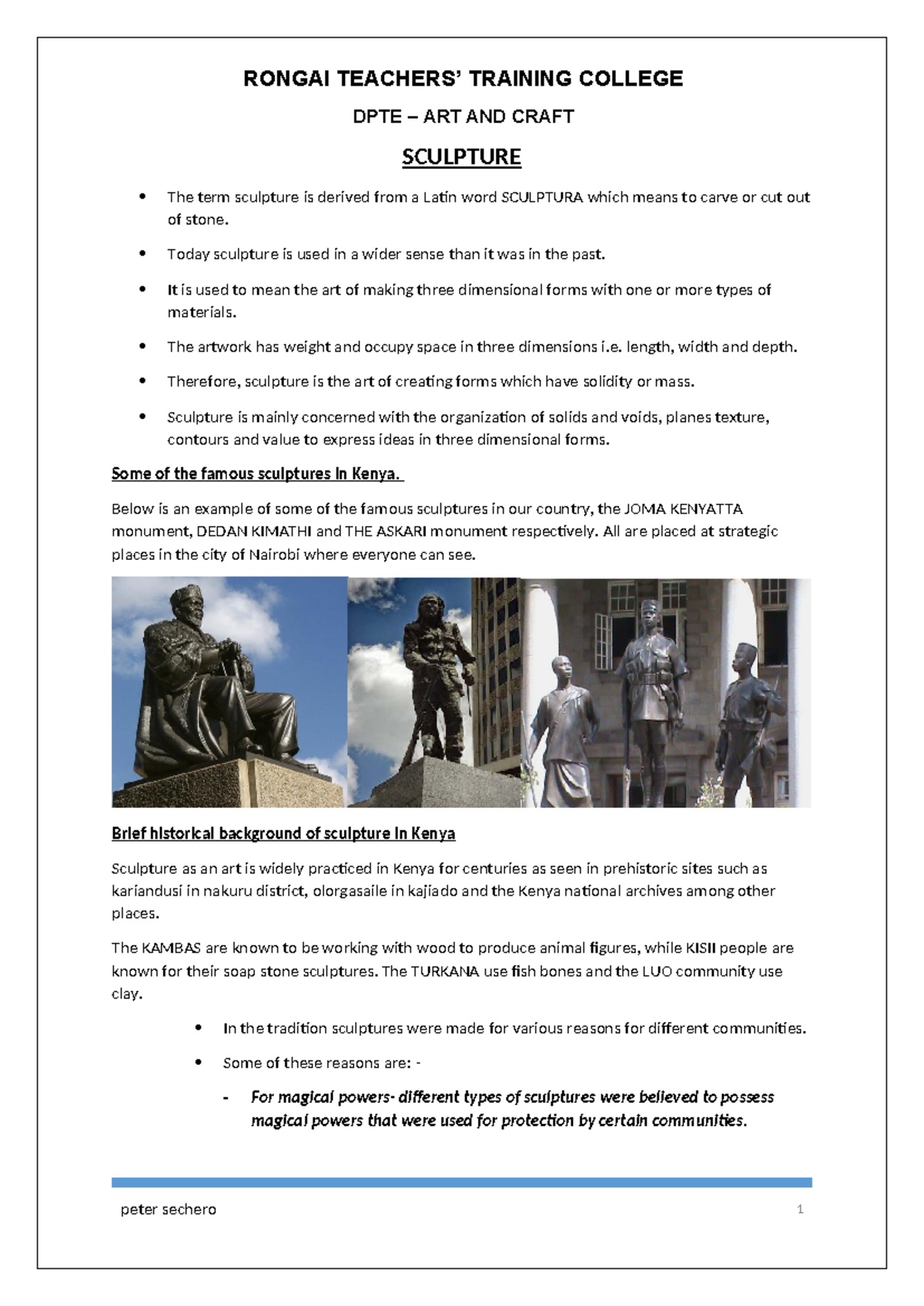 Sculpture Techniques and History - DPTE Art and Craft - Studocu