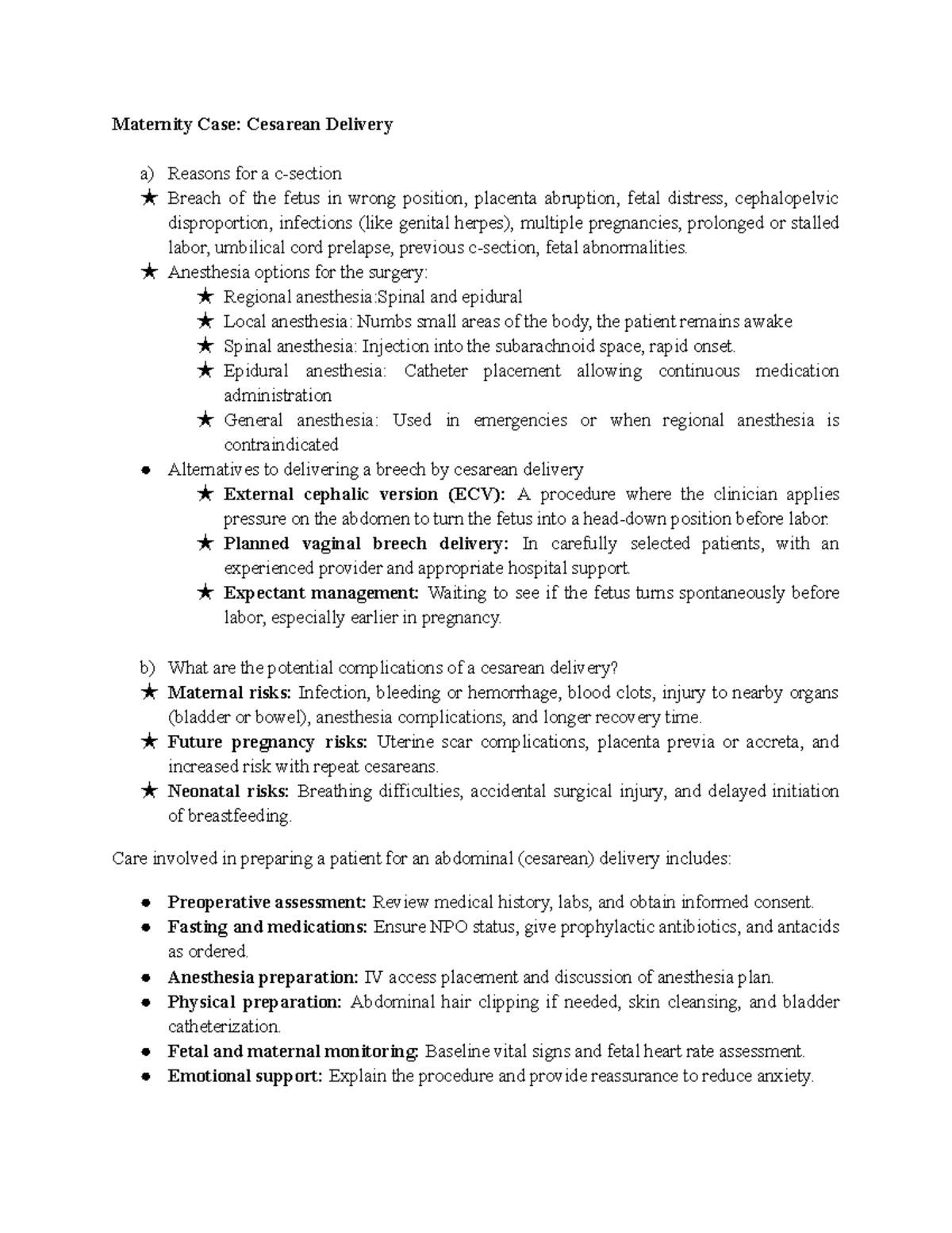 Maternity Case Study: Cesarean Delivery Insights and Anesthesia Options - Studocu