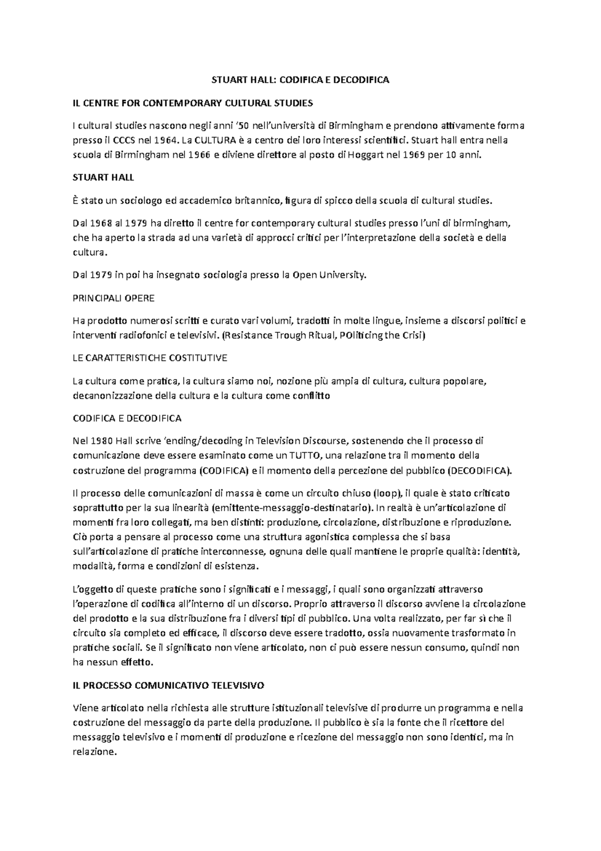 Stuart HALL Codifica E Decodifica - STUART HALL: CODIFICA E DECODIFICA IL CENTRE FOR ...