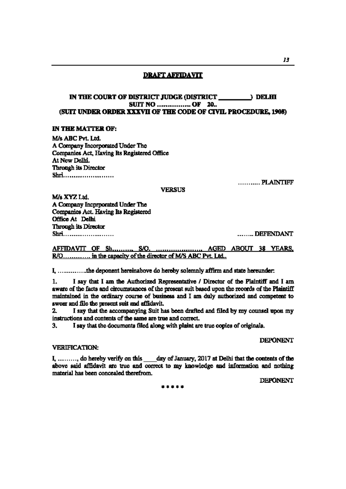 Draft Affidavit Example for Court Case in Delhi - Suit No. 20XX - Studocu