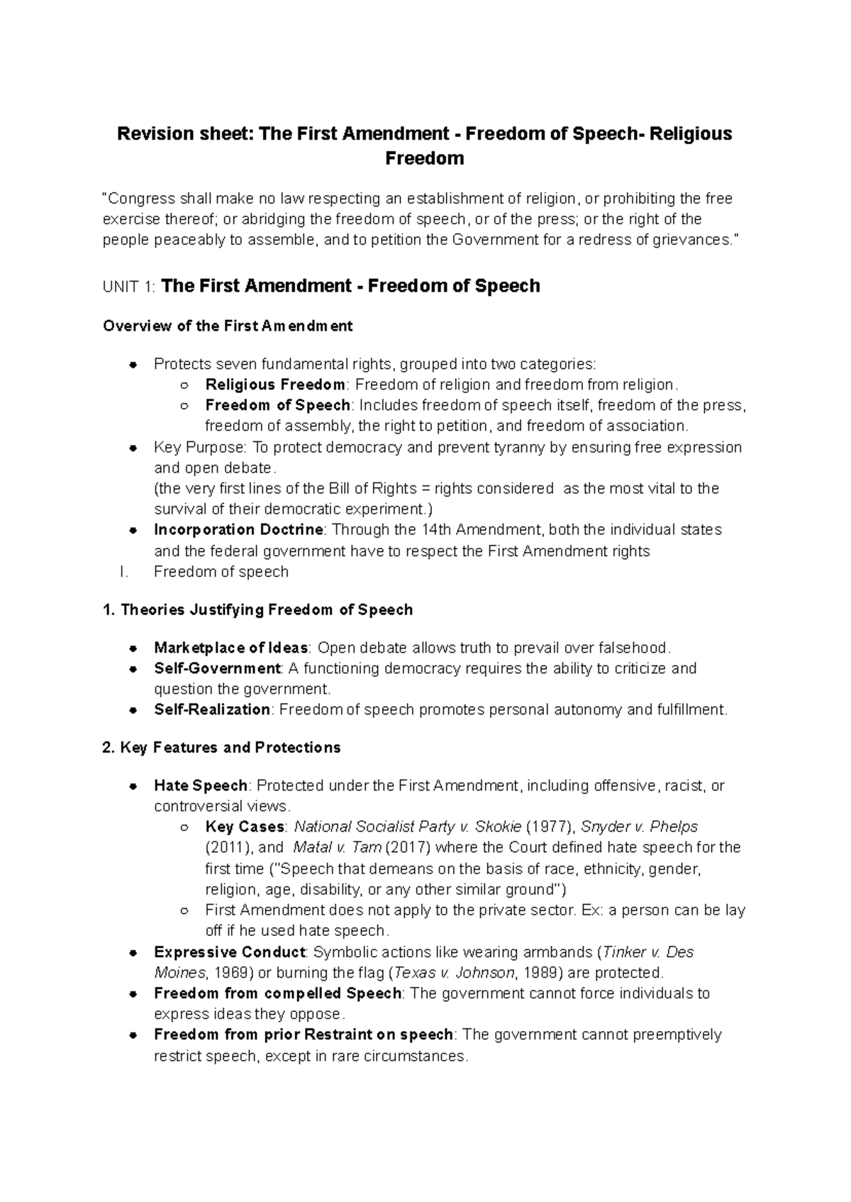 Revision sheet The First Amendment - ” UNIT 1: The First Amendment ...