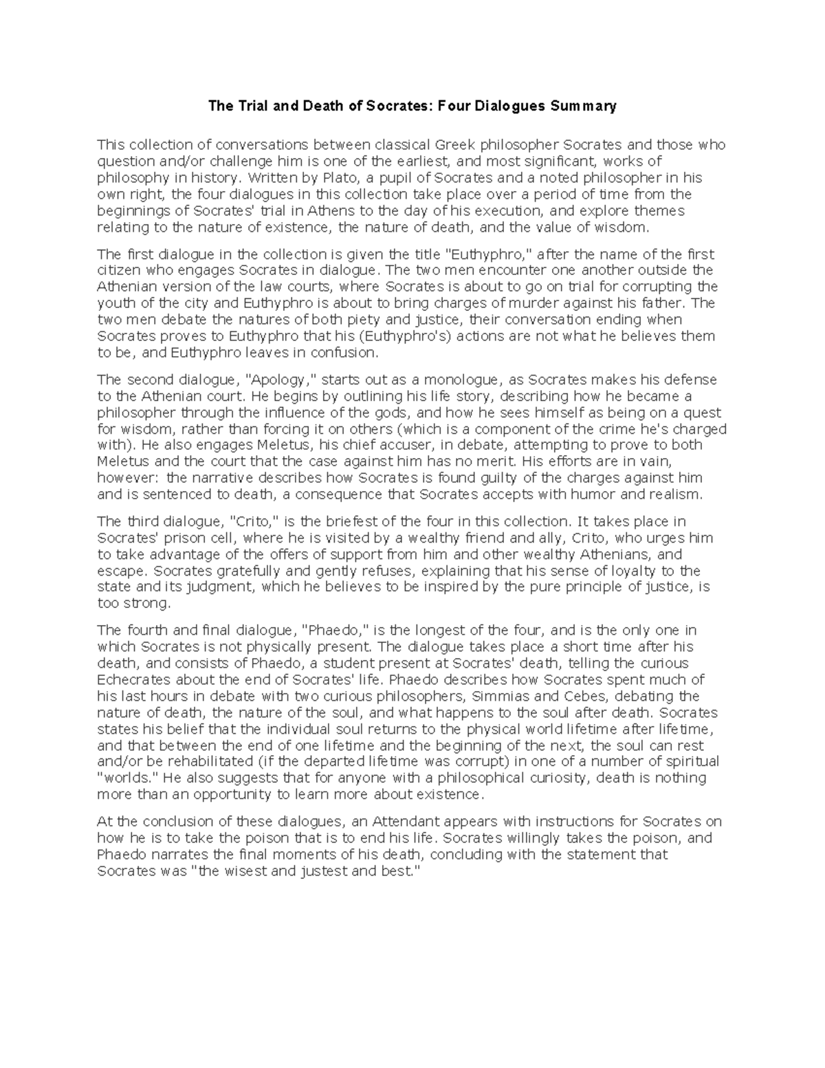 The Trial and Death of Socrates Four Dialogues Summary - Written by ...