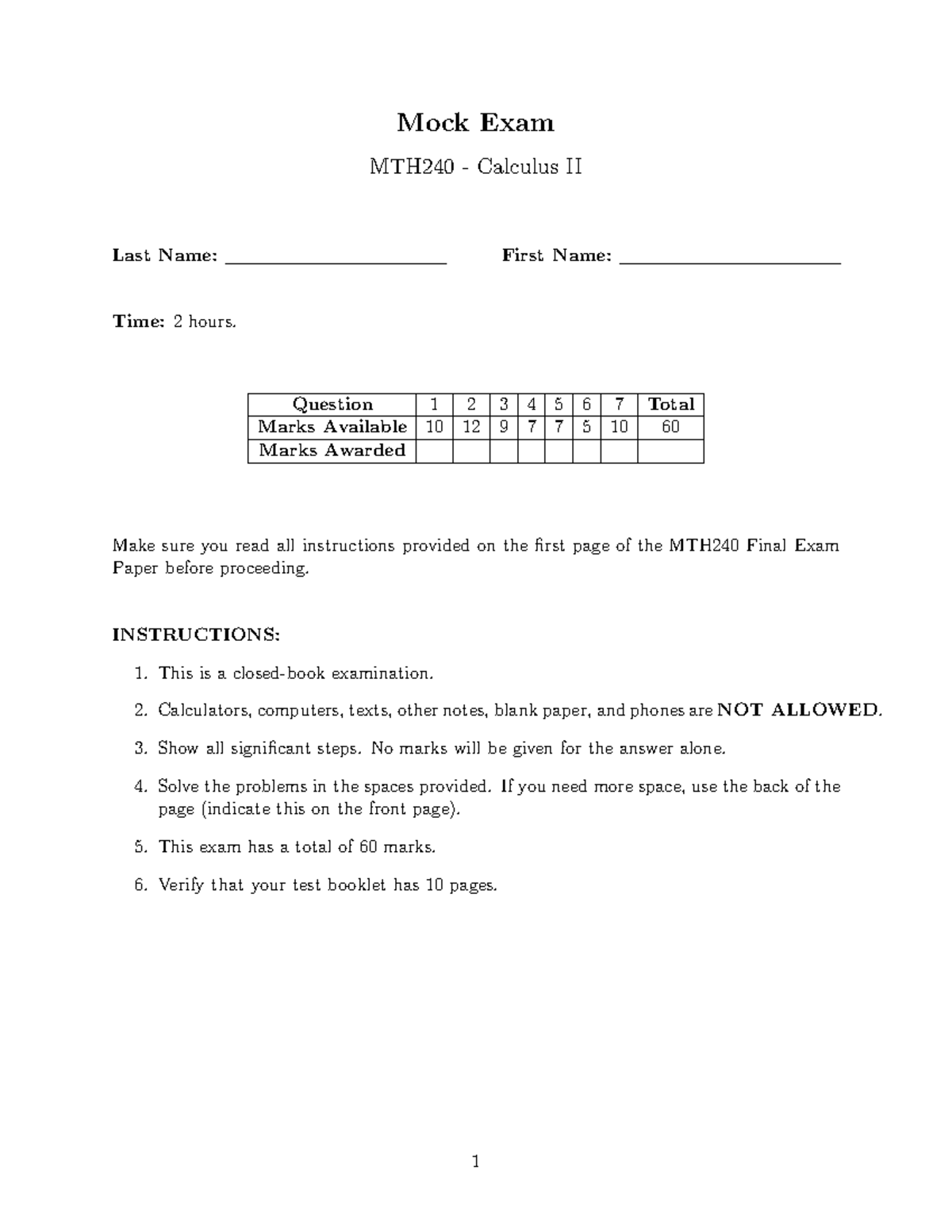 Mock Exam MTH240 Calculus II Practice Test Paper - Studocu