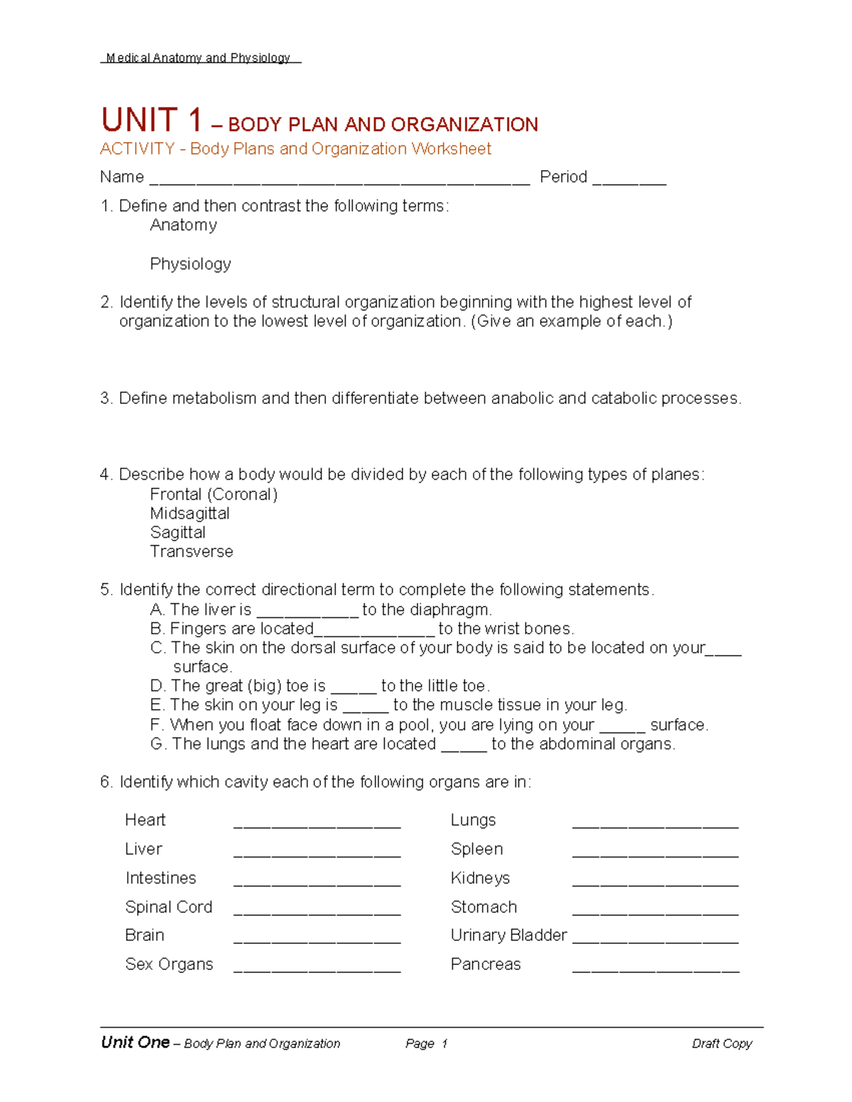 01Actvity 02 Bodyplansorganizationworksheet - UNIT 1 – BODY PLAN AND ...