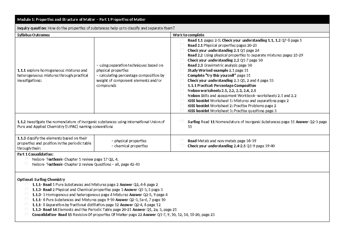 Module 1: Properties of Matter Study Guide (Nelson Chemistry 1.1) - Studocu